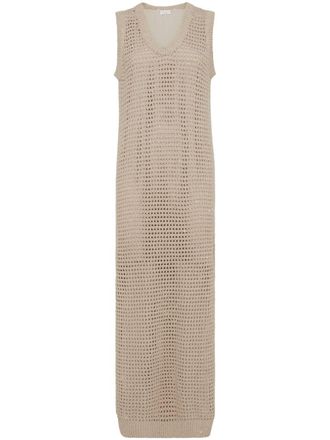 Brunello Cucinelli robe longue en maille ajour&eacute;e - Marron