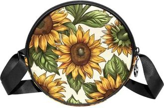 Generic Petit sac &agrave; bandouli&egrave;re rond pour femme, motif tournesol avec fermeture &eacute;clair, bretelles r&eacute;glables, style d&eacute;contract&eacute;, pour femmes et filles