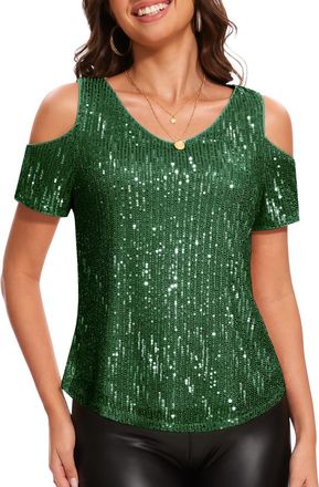 Dresstells Pailletten Oberteil Damen Glitzer Bluse Gr&uuml;nes Damenbluse Elegant Festliche Gro&szlig;e Gr&ouml;&szlig;en Karneval Party Disco Outfit Dark Green 2XL