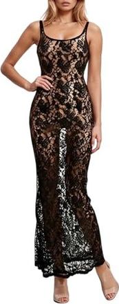 Generic 2026 Robe amincissante en dentelle pour femme Robe longue sans manches moulante, Noir, M