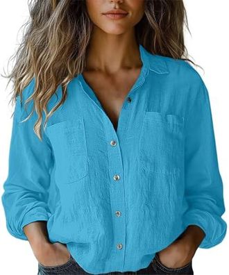 Generico Chemise Femme &Eacute;l&eacute;gant &agrave; Manches Longues Chemisier en Lin Coton Curvy Respirant Chemises Col en V Mode T Shirt Vintage Imprim&eacute; avec Boutons Doux Blouse