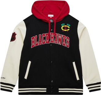 Mitchell & Ness Courtside Fleece NHL Vintage College Jacke mit Kapuze - Chicago Blackhawks, Gr&ouml;&szlig;e M, Druckknopf Verschluss, Herren, Frauen, Kinder, Unisex, Fr&uuml;hling, 