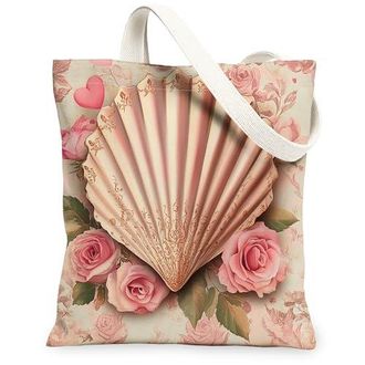 Generic Sac fourre-tout en toile coquillage festonn&eacute; pour le shopping 33 x 38 cm, sac &agrave; bandouli&egrave;re r&eacute;utilisable pour femme, peinture c&ocirc;ti&egrave;re, d&eacute;coration cade