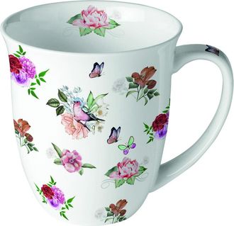 Ambiente Kaffee/Tee Tasse Porzellan 400 ml Jumbotasse Rosen Retro/Vintage Stil in zarten Farben serie charlotte white