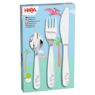 Haba Besteck Dinosaurier - Kinderbesteck aus Edelstahl mit Dino-Motiv - Set aus Gabel, Messer und Löffel - spülmaschinengeeignet - Ab 12 Monaten - 20128190