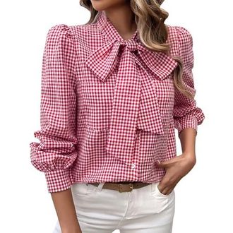 Generic Chemisier &agrave; carreaux &agrave; col en V pour femme - Haut &agrave; manches longues - Haut baggy - Haut d&eacute;contract&eacute; - Chemises vierges pour projets en vinyle, Rouge, 