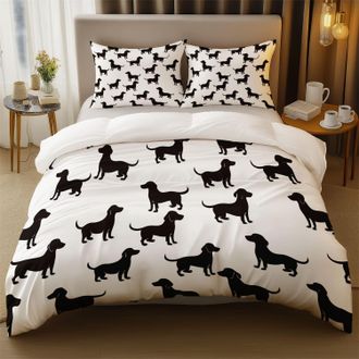 Generic Wendbare Bettbezug 135 x 200 cm, 4 Jahreszeiten Bettw&auml;sche Set Bedruckt mit 2 Kissenbez&uuml;gen 80x80cm Einfache Tiere Dackel Waschbar Mikrofaser Bettw&auml;sc