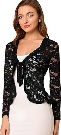 Allegra K Cardigan à Nouer sur Le Devant pour Femmes avec Ourlet à Volants en Dentelle Florale Noir XXL