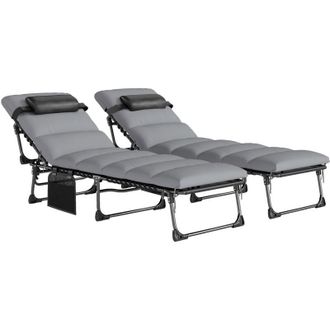 OUTSUNNY Lot de 2 bain de soleil - chaise longue jardin - Outsunny - matelas 9cm pliable dossier 5 positions - textil&egrave;ne - 200x57x38cm - gris
