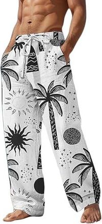 Generic Pantalon d&eacute;t&eacute; pour homme - Motif soleil et cocotier - Pantalon long - Pantalon de plage d&eacute;contract&eacute; - Poche - Vacances - Coupe droite, blanc, S