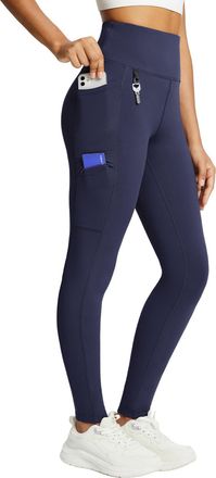 Baleaf Damen Fleece gef&uuml;tterte Leggings Wasserabweisend Hohe Taille Wanderleggings Thermo Leggings Fahrradhose Laufhose mit Rei&szlig;verschlusstaschen Marineblau 