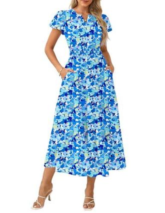 Grace Karin Robe maxi pour femme, manches courtes, lignes A, robe florale, col en V, taille &eacute;lastique, robe d&eacute;t&eacute;, bleu, XL