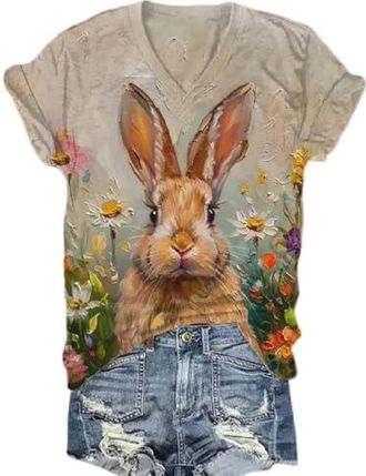 Generic T-shirt &agrave; manches courtes imprim&eacute; lapin de P&acirc;ques pour femme - T-shirt graphique de P&acirc;ques - Happy Easter Holiday - Haut de P&acirc;ques, marron, L