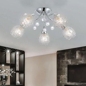 Globo Lighting Plafonnier led chrome cristal spot plafonnier cristaux 5 ampoules, maille chromée, 5x 8W 600lm blanc chaud, DxH 54x22 cm