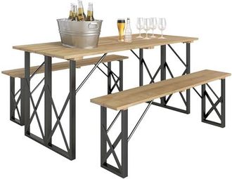 OUTSUNNY Ensemble Table et bancs en Bois, Table de Pique-Nique en Bois avec Banc pour 6 &agrave; 8 Personnes, 160 cm, avec Trou pour Parasol de 5 cm, Cadre en Acier, 