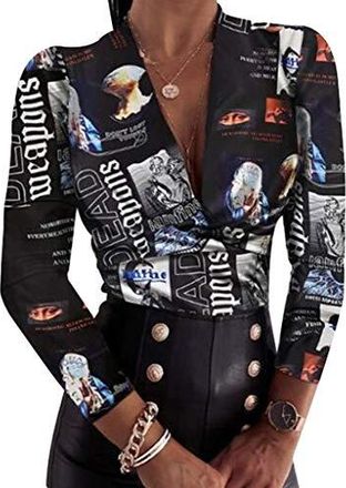 Onsoyours Chemise Femmes Col en v L&eacute;opard Imprim&eacute; Sexy D&eacute;contract&eacute; Mince Tunique Serr&eacute;e Hauts de F&ecirc;te Blouse Mode Bleu XS