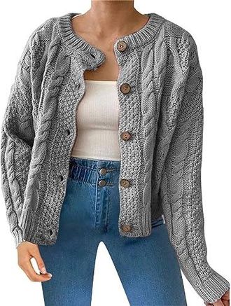 Generic Veste de mi-saison élégante et courte pour femme - Cardigan en tricot épais - Col rond - Cardigan Y2K - Pull chaud en tricot avec boutons pression - H