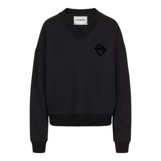 Iceberg Schwarzer V-Ausschnitt-Sweatshirt mit gepr&auml;gtem Logo - - Sweatshirts & Hoodies - Damen - Schwarzk - XS