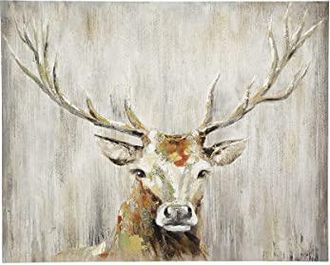 Gilde Gemälde Bild - Hirsch Kopf - Creme/braun/Gold - handgemalt auf Leinwand - 100 x 80 cm