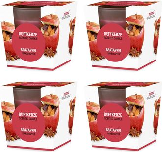 Pajoma Duftkerze 4er Set, Bratapfel - im satinierten Glas | 4x 120g Wachsgewicht, Brenndauer: 25 Stunden, in edler Geschenkverpackung | Premium Qualit&auml;t