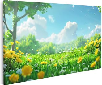 Islandburner Bild auf Leinwand Sommerwiese mit L&ouml;wenzahn und Pusteblumen unter blauem Himmel Bilder Wandbilder Poster