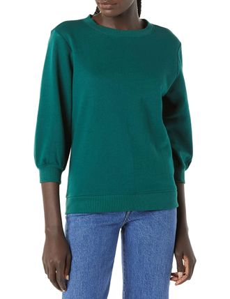 Amazon Essentials Damen French-Terry-Fleece-Sweatshirt Mit Rundhalsausschnitt Und Ärmeldetail, Dunkelgrün, XXL