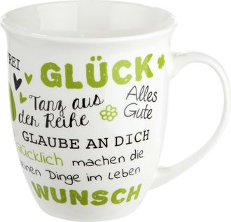 Gilde Jumbo-Tasse Becher Glueck Schau nach vorn und nicht zurueck, hellgruen, 14x11x10cm, Porzellan, Kaffee Tee Geschenk Weihnachten Geburtstag