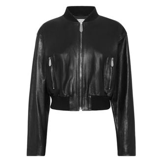 Philipp Plein Femme, Vestes, Noir, Taille: 38 FR Leather Bomber Signature
