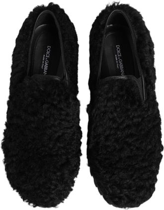 Dolce & Gabbana Dress Black Fur Leather Slippers Men Shoes Lamb+17lf