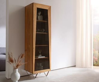 DELIFE Highboard Kayu 55x180 cm Akazie Natur Vitrine 1 T&uuml;r V-Fu&szlig;, Vitrinen