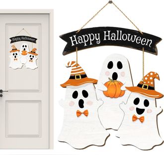 Generic Halloween-Holz-T&uuml;rschild - Wandschild zum Aufh&auml;ngen mit niedlichem Geist, saisonale Dekoration f&uuml;r zu Hause, Details zu den Eigenschaften Innen- und A