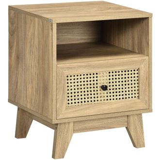 HOMCOM Table de chevet table de nuit avec tiroir porte cannage et niche vintage 45 x 39 x 56,5 cm-Bois naturel