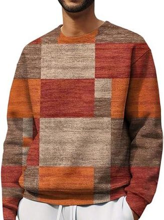 Generic Pull pour homme sans capuche, coupe ample, couleurs contrastées, col rond, pull imprimé, intelligent, décontracté, extensible, doux, haut à manches lo