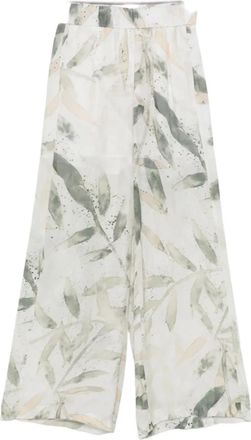 PESERICO Femme, Pantalons, Blanc, Taille: 42 FR Pantalon Palazzo &agrave; Imprim&eacute; Feuilles