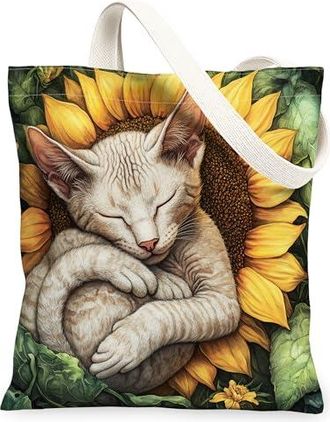 Generic Spring Devon Rex Sac fourre-tout en toile r&eacute;utilisable avec motif chat Rex 33 x 38,1 cm, motif tournesol, feuille de tournesol, chaton, pour femme, mo