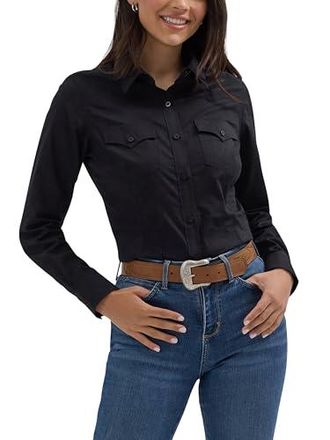Wrangler Chemise Western r&eacute;tro &agrave; Manches Longues pour Femme Bleu uni, Noir, Taille S