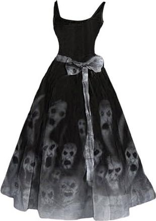 Generic Costume dHalloween pour femme, robe &eacute;vas&eacute;e &agrave; imprim&eacute;, robe tunique sans manches, robe de cocktail, robes dinvit&eacute;es de mariage, Noir, XXL