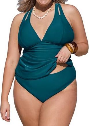 Cupshe Tankini pour femme avec col en V, bretelles r&eacute;glables crois&eacute;es et d&eacute;coup&eacute;es, taille mi-haute fronc&eacute;e, P-vert fonc&eacute;, 18 Plus