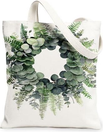 Generic Sacs fourre-tout en toile avec motif floral deucalyptus, sacs r&eacute;utilisables d&eacute;t&eacute;, vintage, l&eacute;gers, lavables, vert, 13x15 Inch