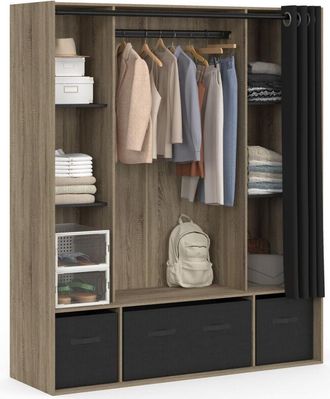 IDMarket Dressing double penderie DIANE 140 x 50 x 172 cm h&ecirc;tre avec &eacute;tag&egrave;res + boites de rangement + rideau noir