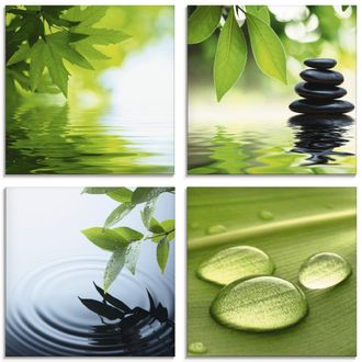 Artland ARTland Glasbild Wandbild Glas Bild 4er Set 4 teilig je Wellness Entspannung Zen Wasser Grün Blätter Stein Pyramide S6PI
