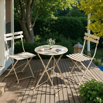 Songmics Ensemble Mobilier de Jardin Pliable, 3 Pi&egrave;ces, Acier R&eacute;sistant, Table et Chaises, Terrasse, Balcon, Beige