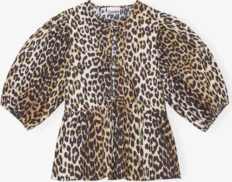 Ganni gemischt Peplum-Bluse aus Baumwollpopeline mit Leopardenmuster und Bindeband Bio-Baumwolle - Gr&ouml;&szlig;e 32