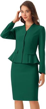 Allegra K Ensemble daffaires 2 pièces pour femme à manches longues sans col péplum blazer jupe crayon, vert foncé, XL