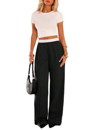 SOLY HUX Damen Hose Elegant Gerade Bein Anzughose Hohe Elastischer Bund Freizeithose Gestreift Palazzo Pants Casualhose Business Outfit Schwarz S