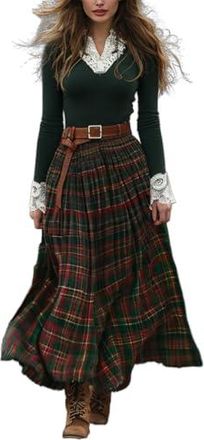 ORANDESIGNE Robe Longue Retro &agrave; Col en V et Manches Longues pour Femmes Robes en Mousseline de Soie Vintage Western Country Robe D&eacute;contract&eacute;e dautomne F Noir M