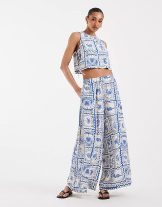 Object Pantalon palazzo ultra large densemble &agrave; imprim&eacute; carte postale - Bleu et blanc