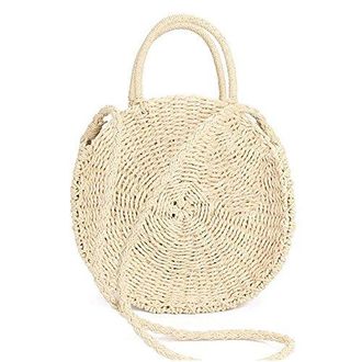 Minetom Paille ronde sac de plage été mini sac à bandoulière à la main Vintage cercle rotin sac petit sac à bandoulière Bohème pour les femmes B Beige(28x28x1