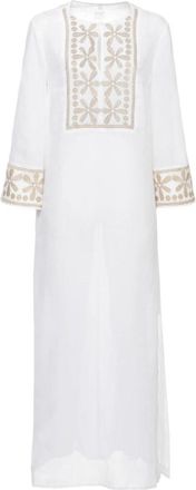 120% Lino Femme, Robes, Blanc, Taille: 38 FR Robe en lin &agrave; col rond