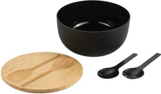 KESPER Kesper - Set de saladiers avec couverts &agrave; salade, mat&eacute;riau : plastique (PP), bambou, dimensions : D 24 x H 13 cm, couleur : noir, marron - 58470